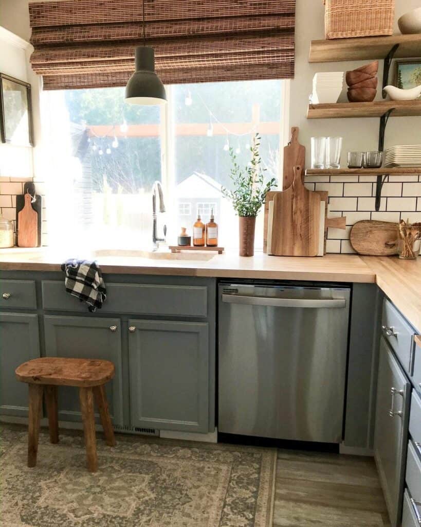Farmhouse Grey Kitchen Cabinets With Butcher Block Countertops